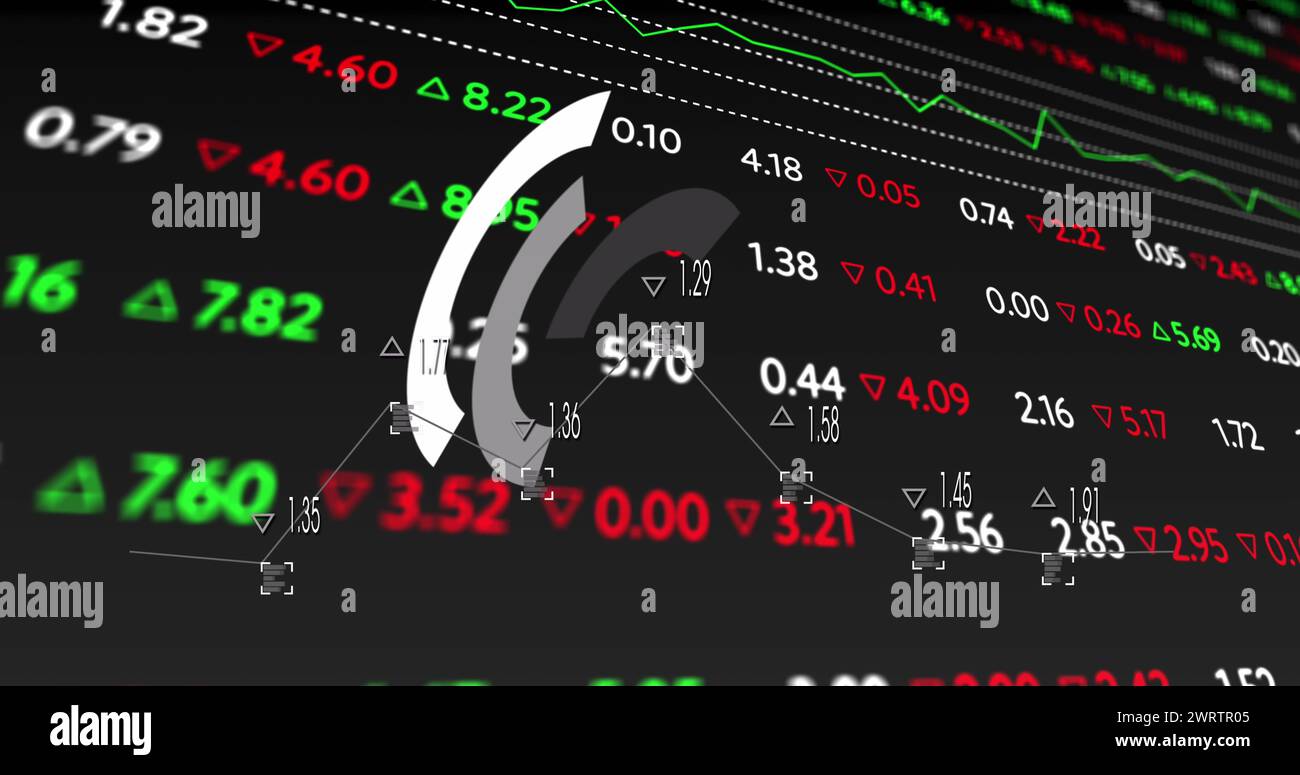 Image of round scanner over stock market data processing against black ...