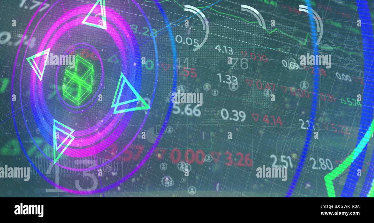 Image of numbers, processing circle, neon shapes and financial data on ...