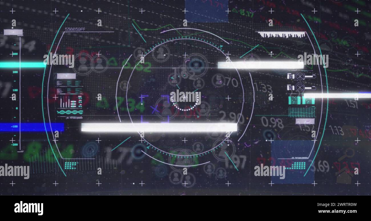Image of numbers, viewfinder, user icons, glitch and financial data on ...