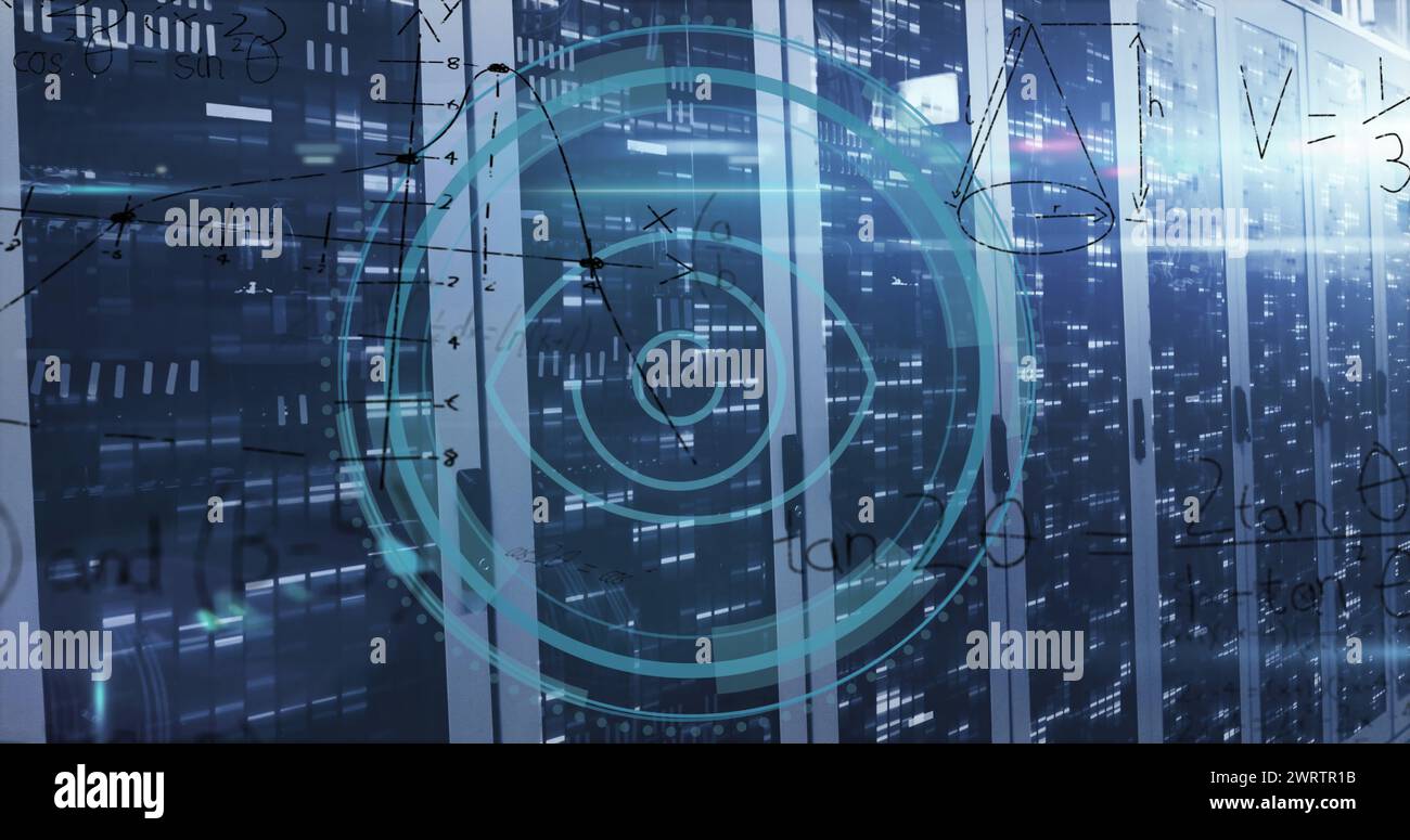 Image of mathematical equations, scope, digital eye and data processing over computer servers ...