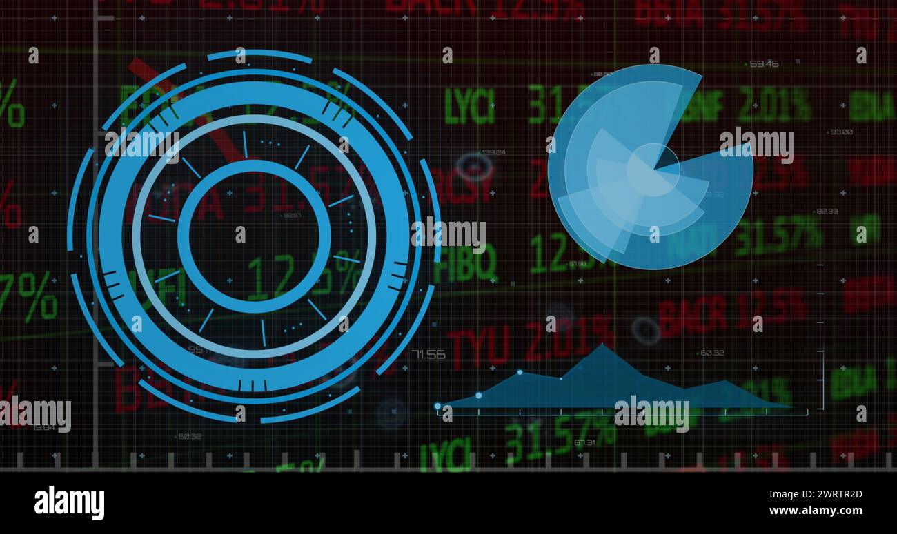 Image of round scanners over stock market data processing against black ...