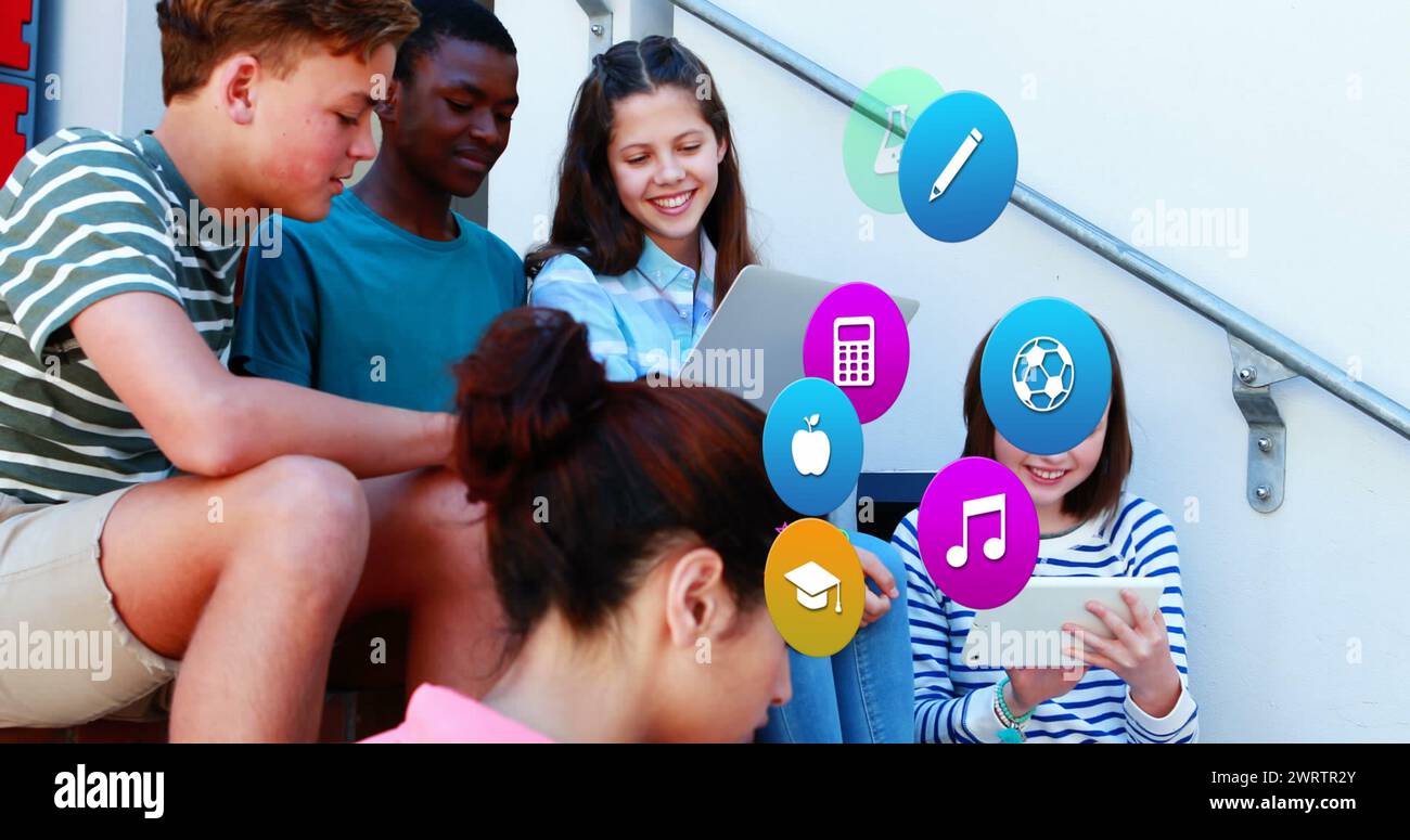 Image of colorful icons over diverse schoolchildren using tablets Stock ...