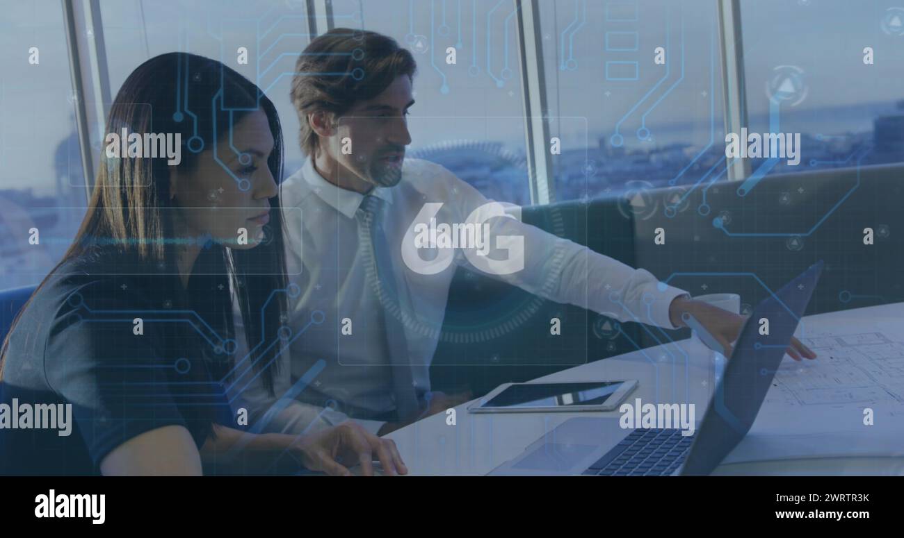 Image of 6g text and microprocessor connections over businessman and ...