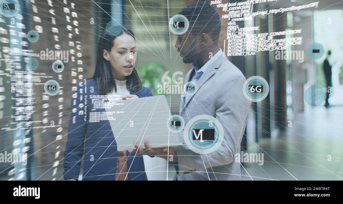 Image of scope scanning and data processing over globe and network of ...
