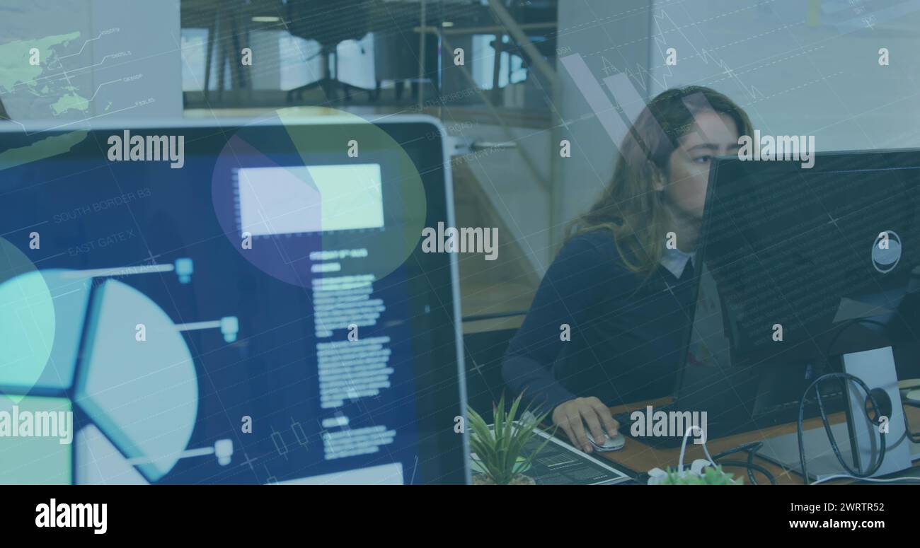 Image Of Statistical Data Processing Over Biracial Woman Using Computer