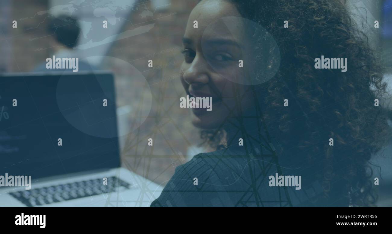 Image of data processing over african american woman using computer ...