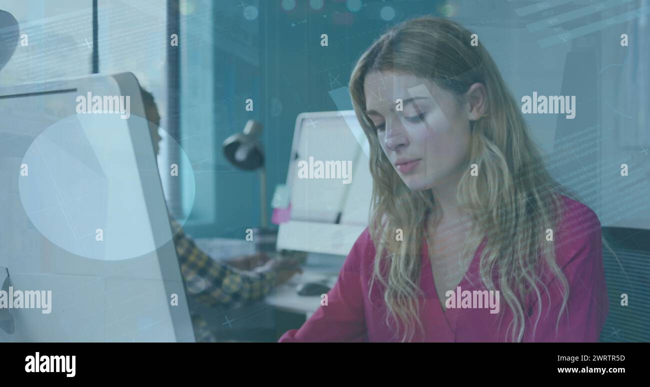 Image of statistical data processing over caucasian woman using ...