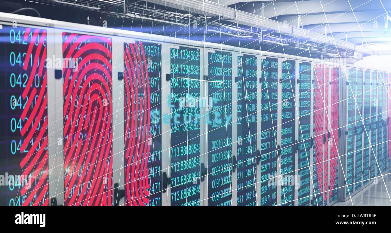 Image of cyber security text with scope scanning and mathematical equations over server room ...