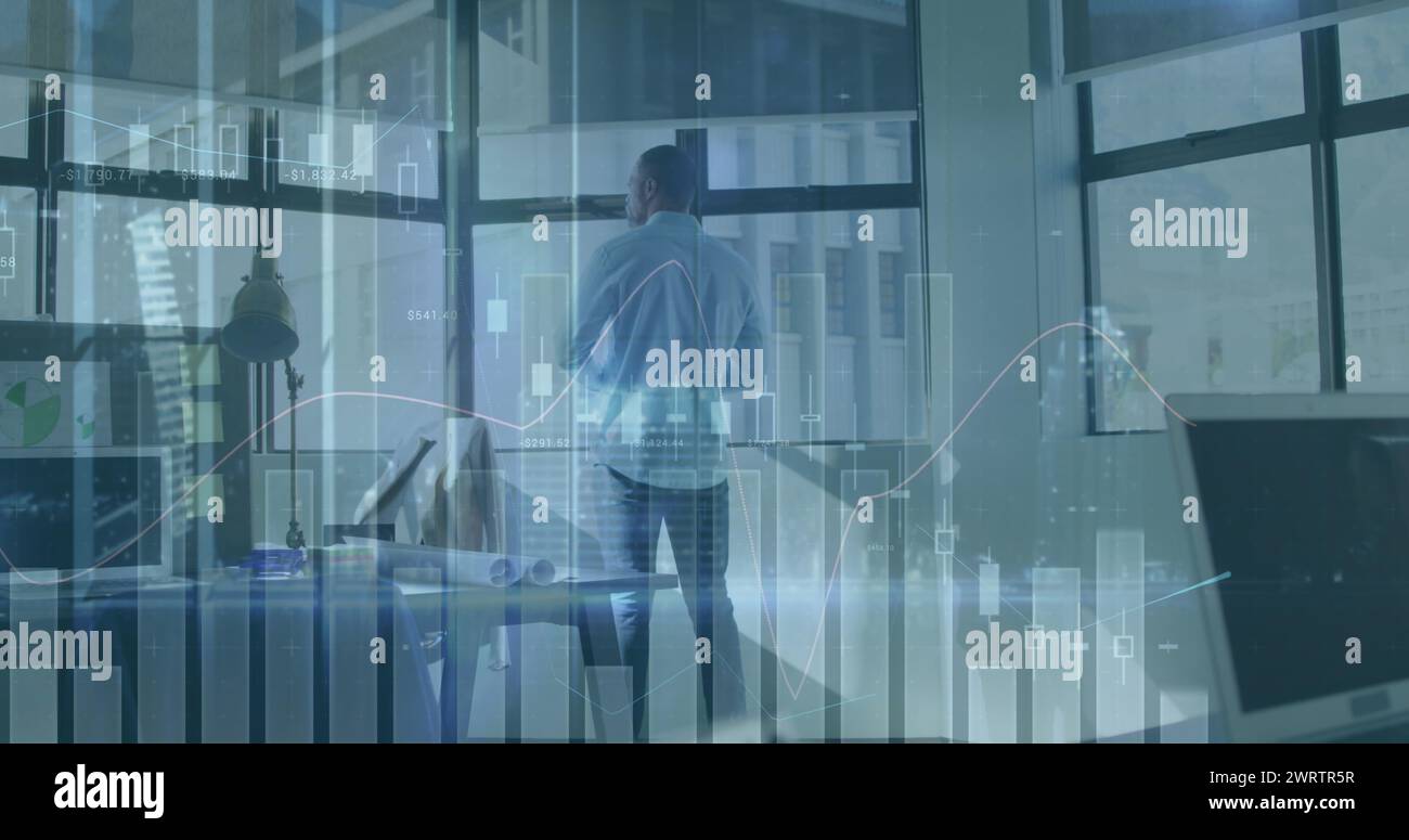 Image of graphs and building over thoughtful african american man by ...