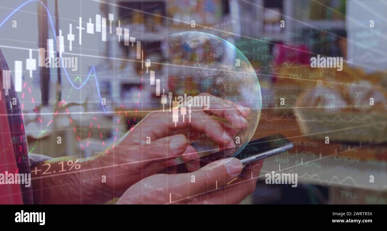 A stock market display with a globe, white stock market tickers and ...