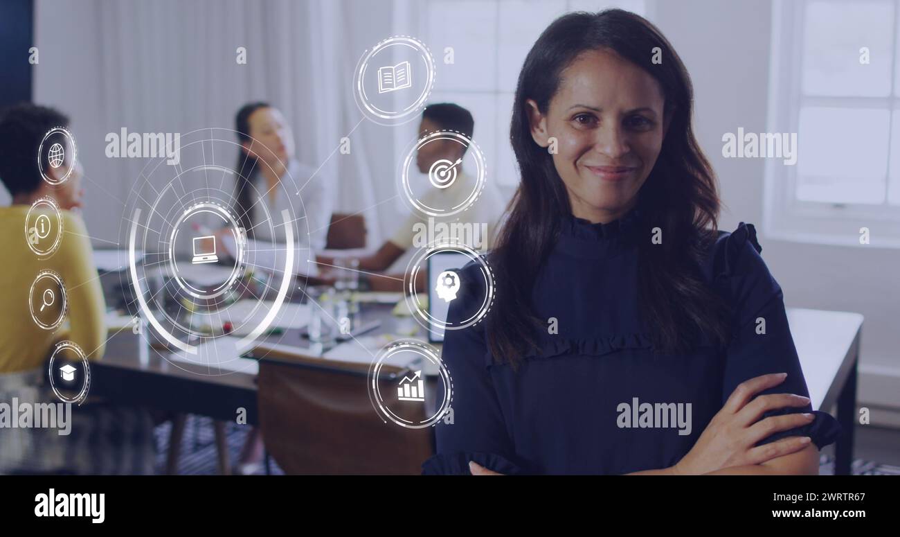 Image of icons and connections over diverse business people in office ...