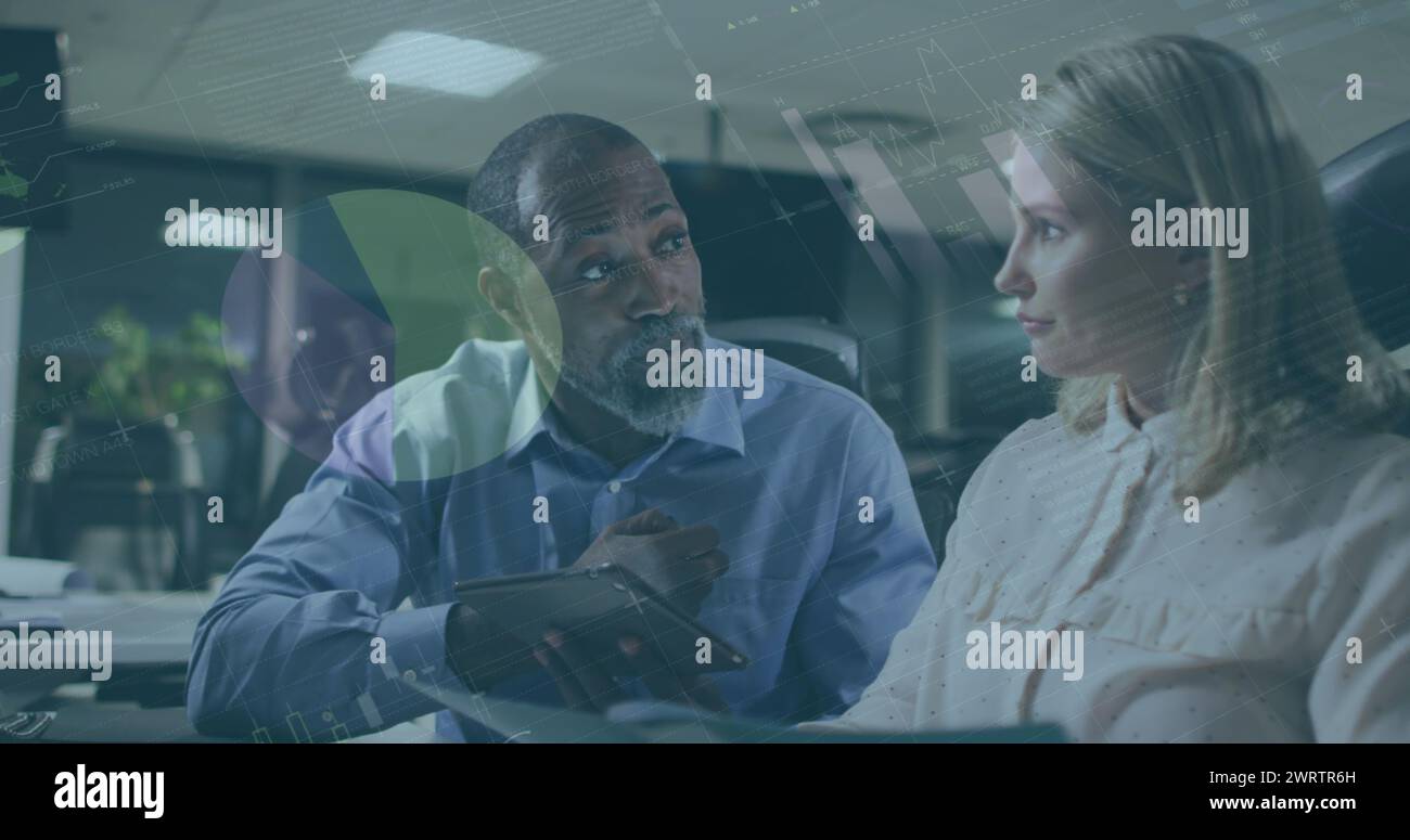 Image Of Statistical Data Processing Over Diverse Male And Female Colleagues Discussing Stock