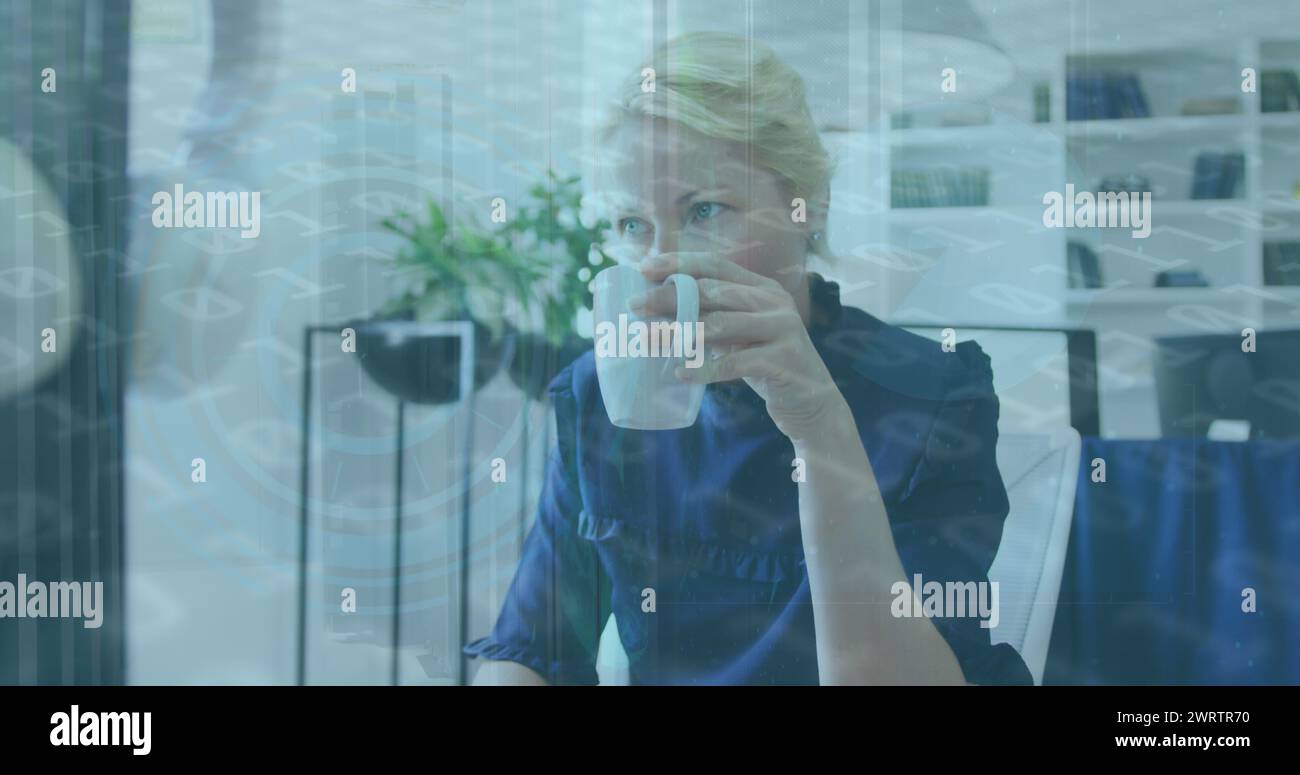Image of binary coding data processing over woman drinking coffee at ...