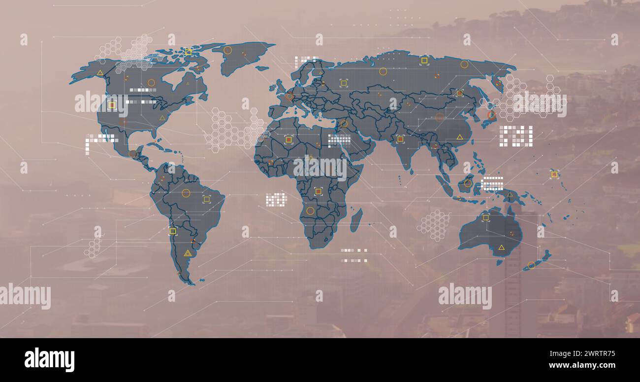 Image of world map and data processing against aerial view of cityscape ...