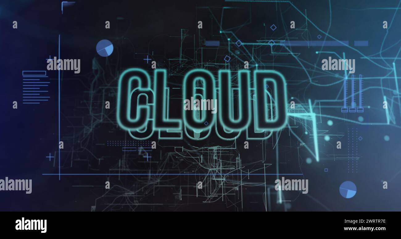 Image of financial data processing over cloud text on black background ...