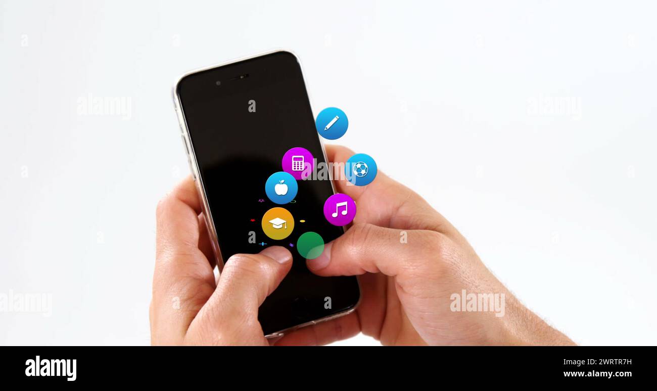 Image of colorful icons over hands using smartphone Stock Photo - Alamy