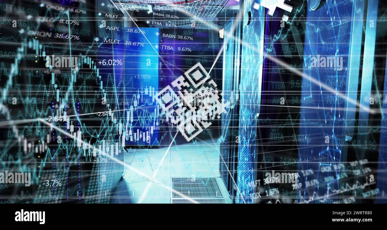Image of financial data processing over server room and qr code Stock Photo - Alamy