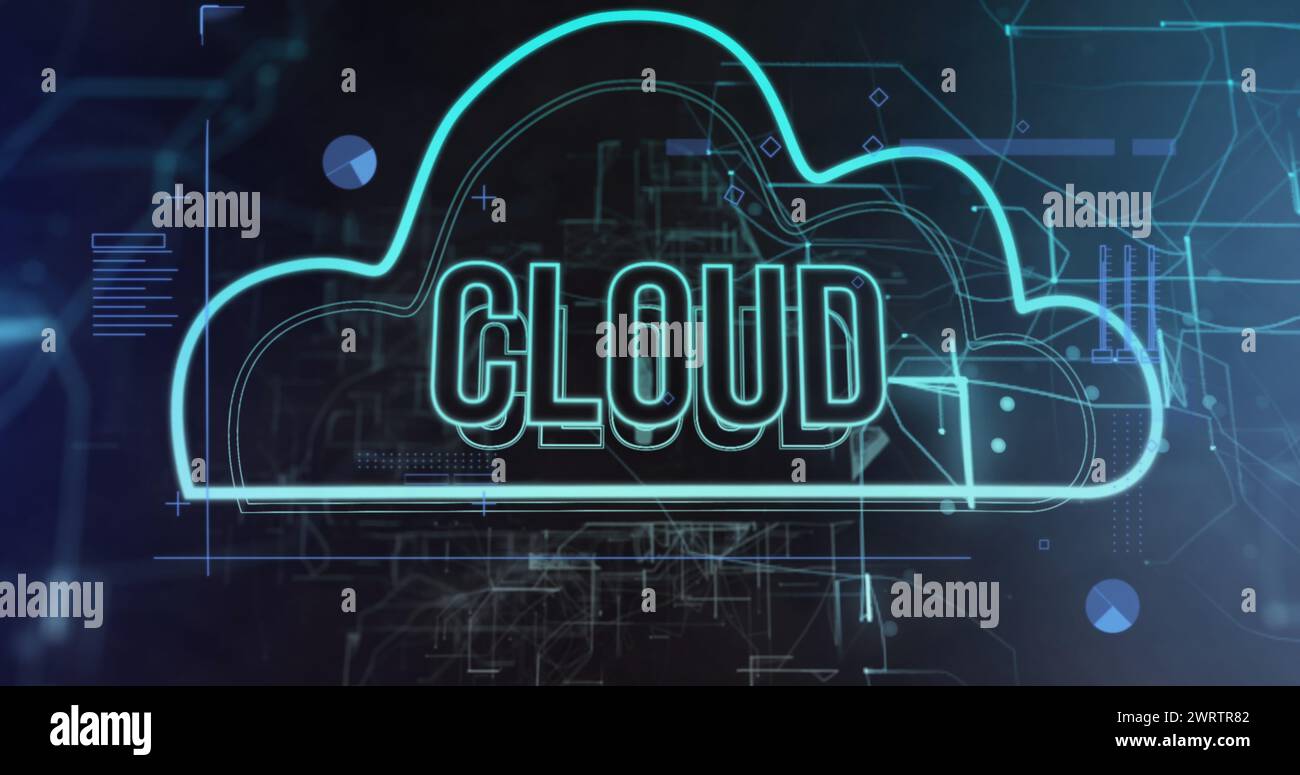 Image of financial data processing over cloud text on black background ...