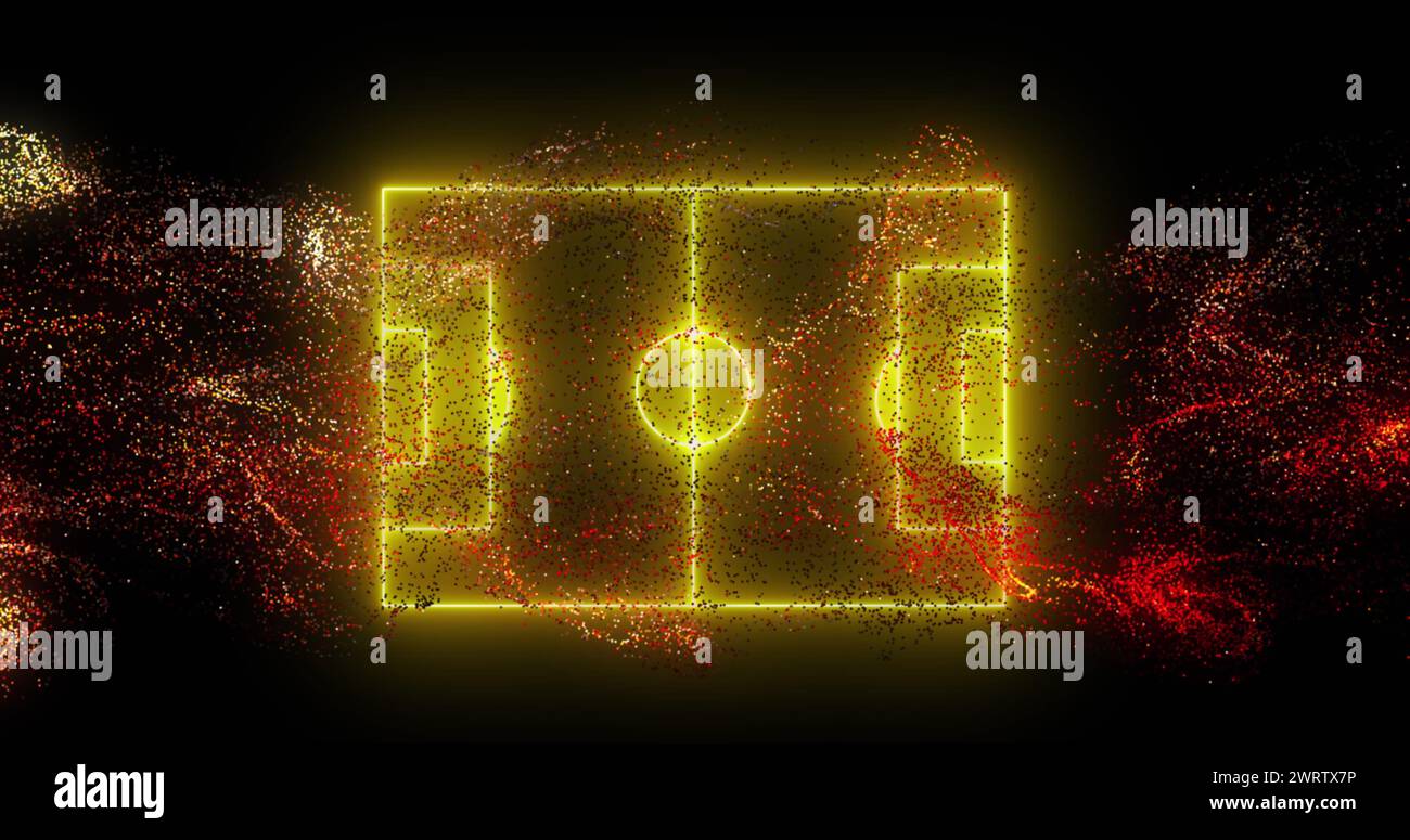 Image of red digital wave over neon yellow soccer field layout against ...