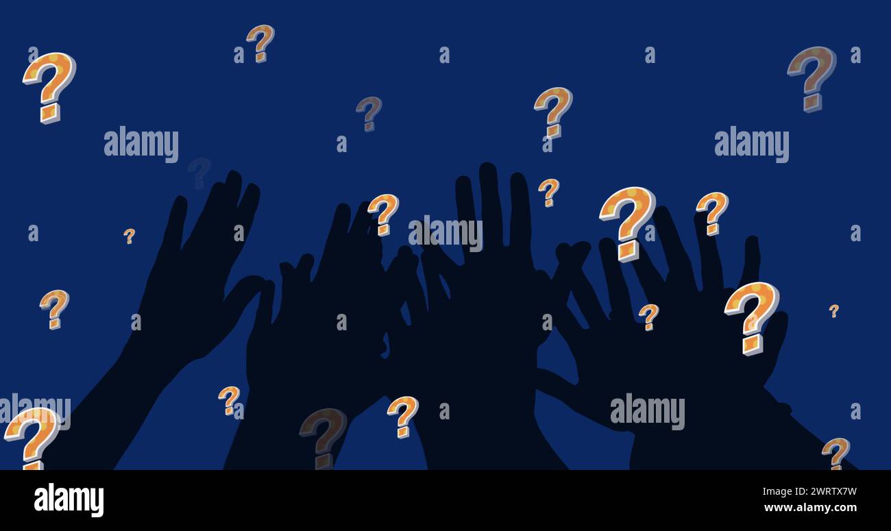 Image of question marks over hands on blue background Stock Photo - Alamy