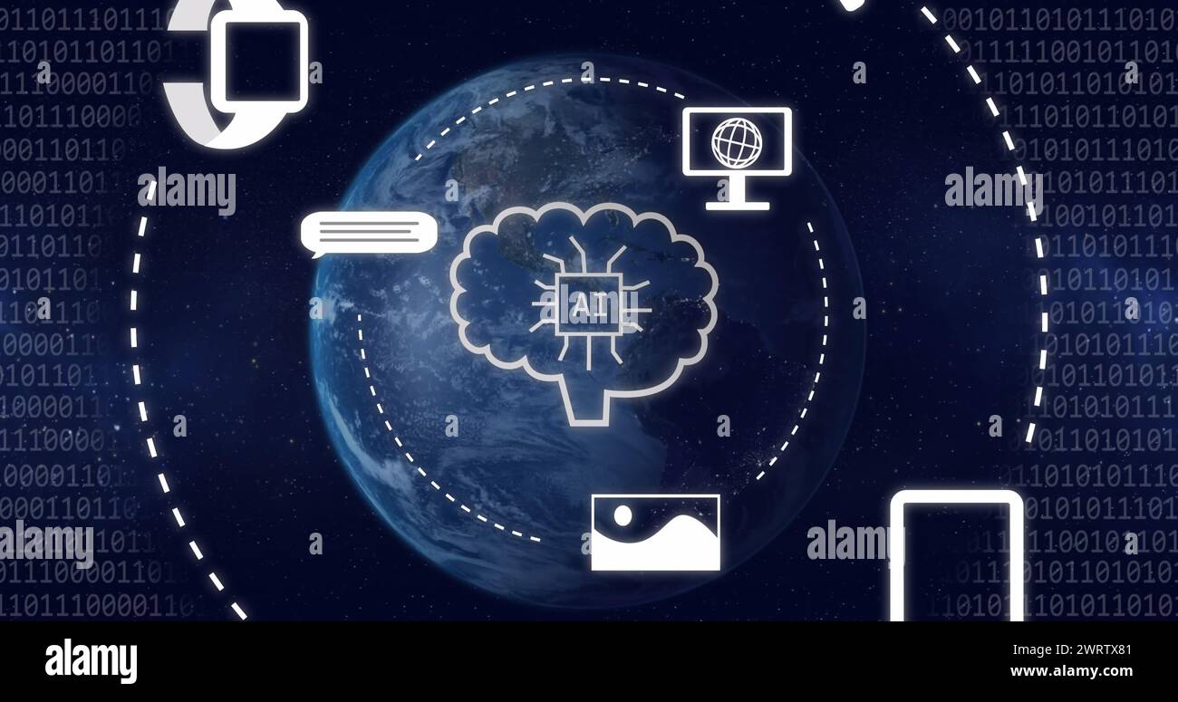 Image of ai data processing and icons over globe and dark background ...