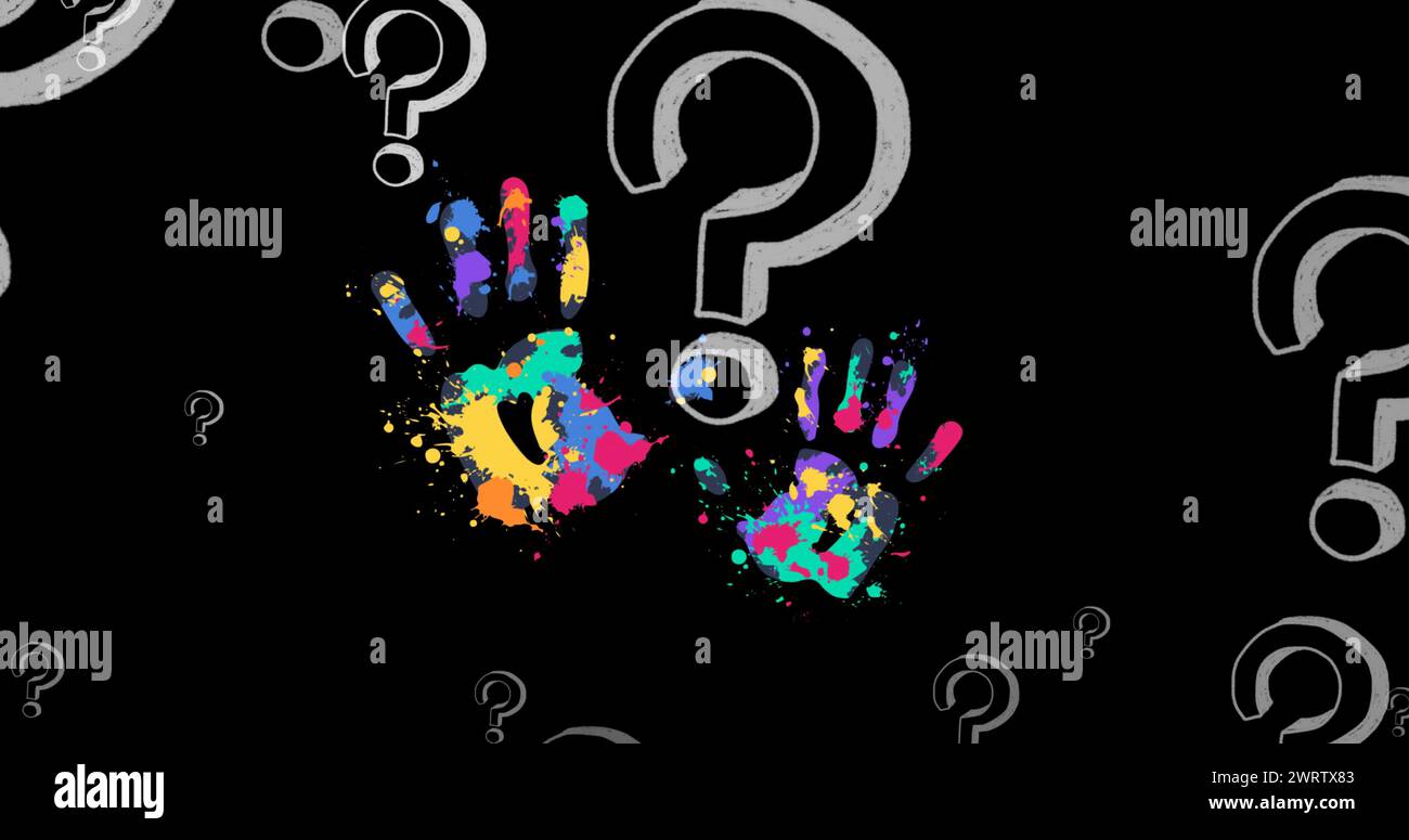 Image of question marks over handprints on black background Stock Photo ...