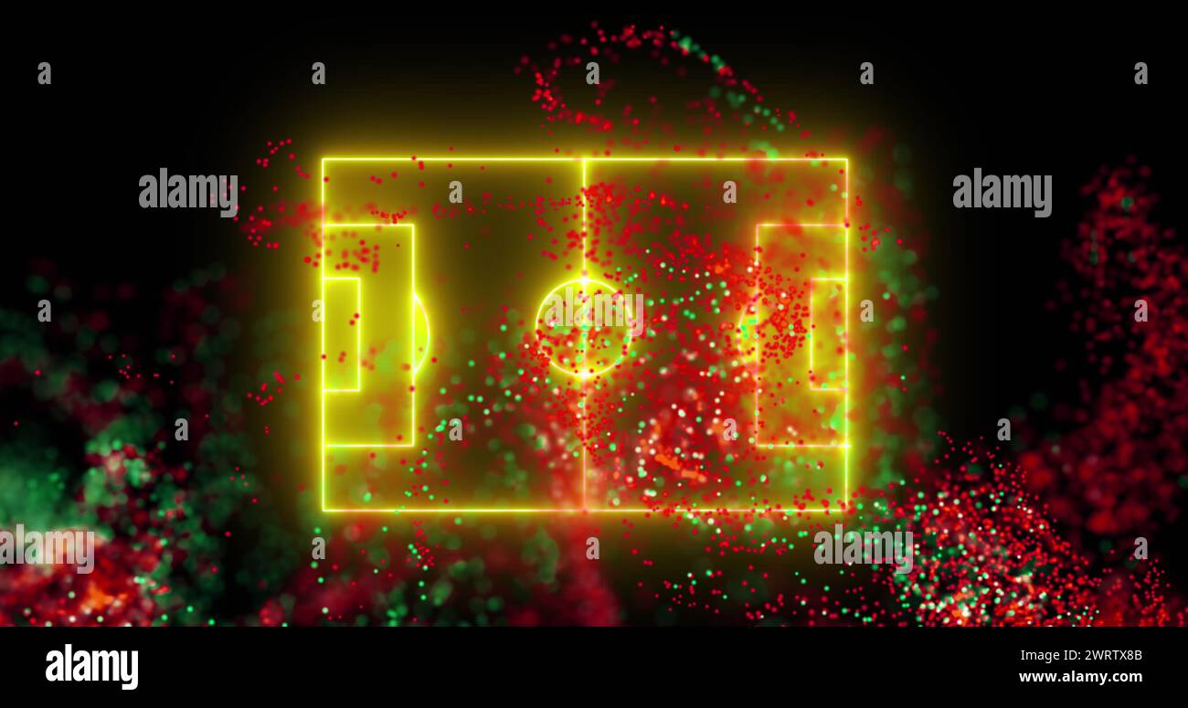 Image of red and green digital wave over neon yellow soccer field layout on black background ...