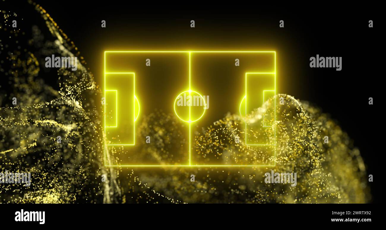 Image of yellow digital wave over neon soccer field layout against ...