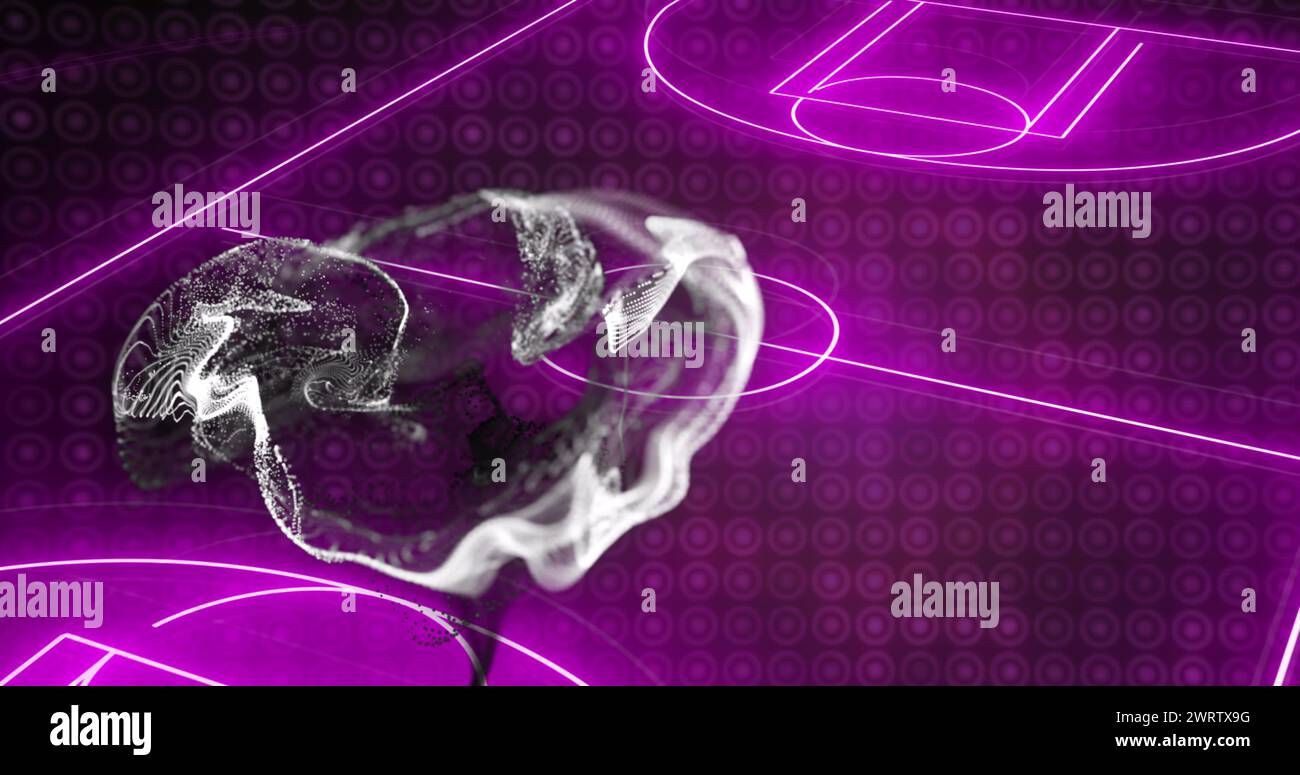 Image of grey digital wave over neon purple soccer field layout against ...