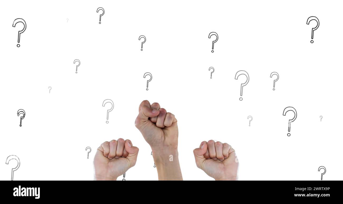 Image of question marks over raising fists on white background Stock ...