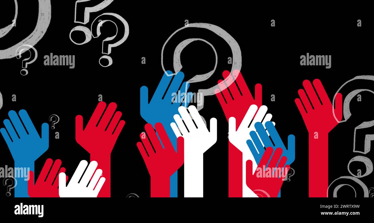 Image of question marks over hands on black background Stock Photo - Alamy