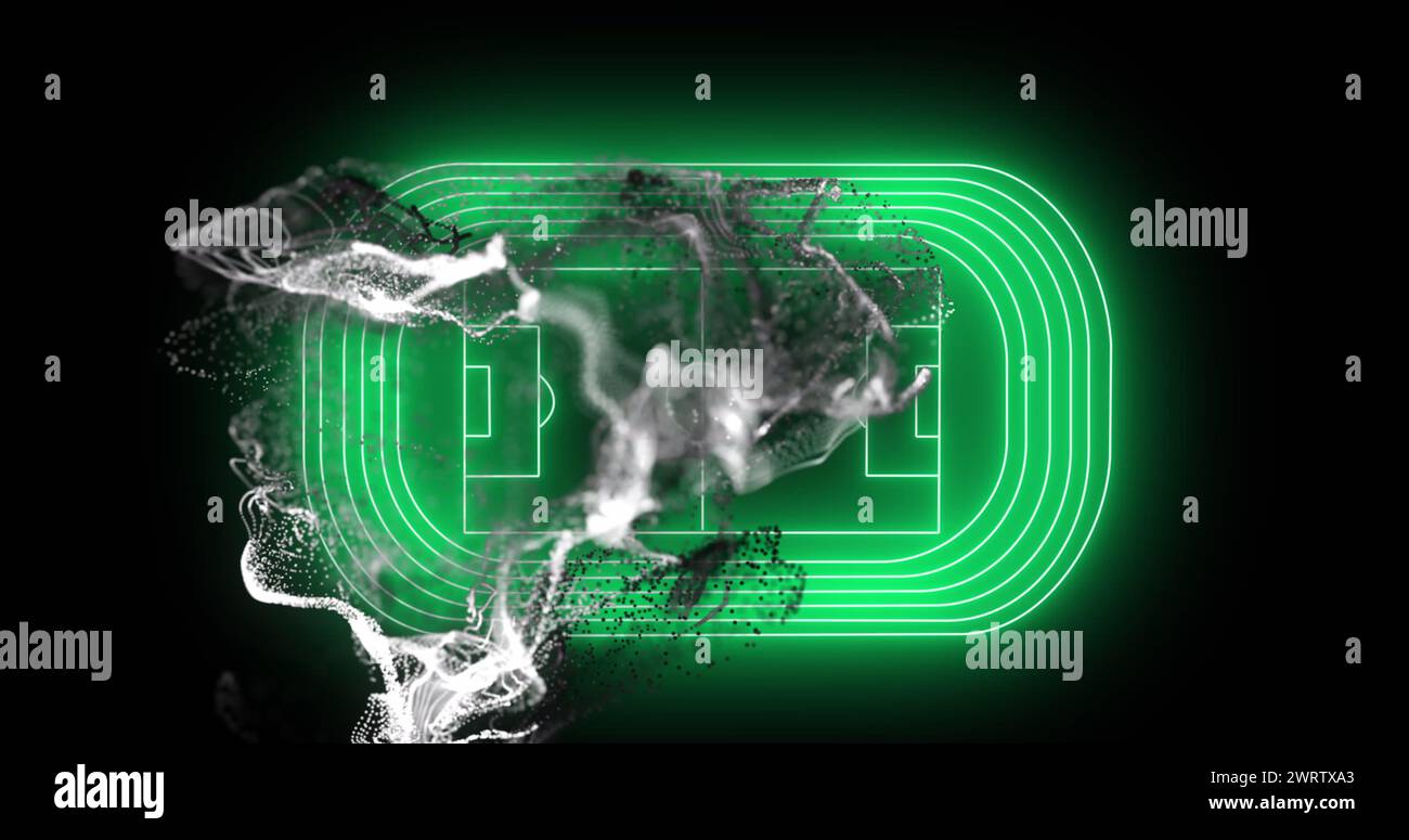 Image of grey digital wave over neon green soccer field layout against ...