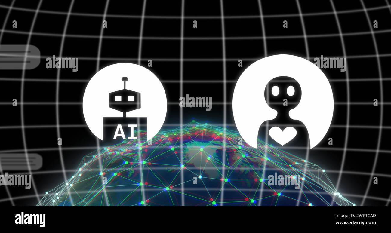 Image of ai data processing and icons over globe and dark background ...