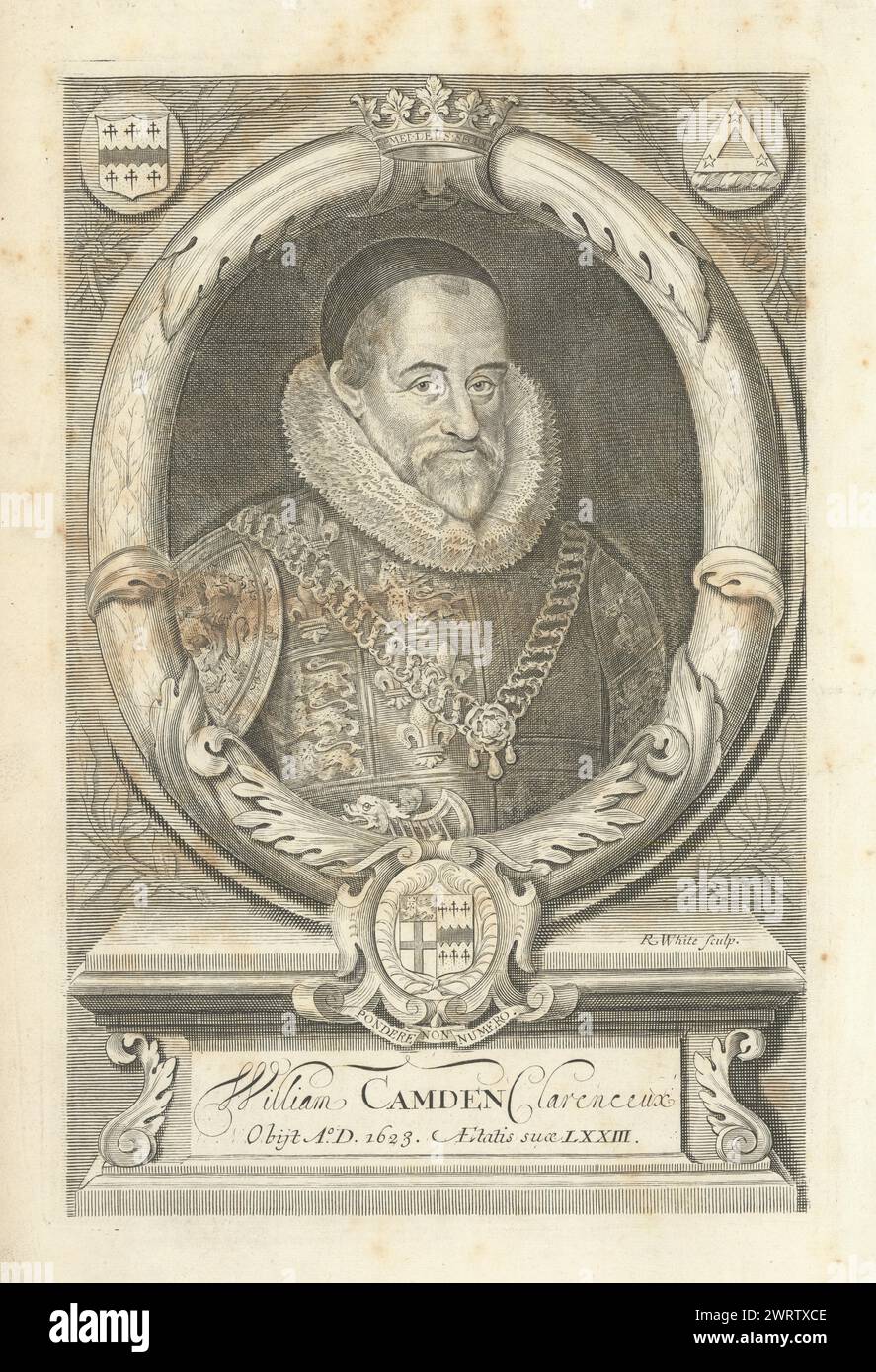 WILLIAM CAMDEN. Portrait. Frontispiece from Camden's Britannia 1722 old ...