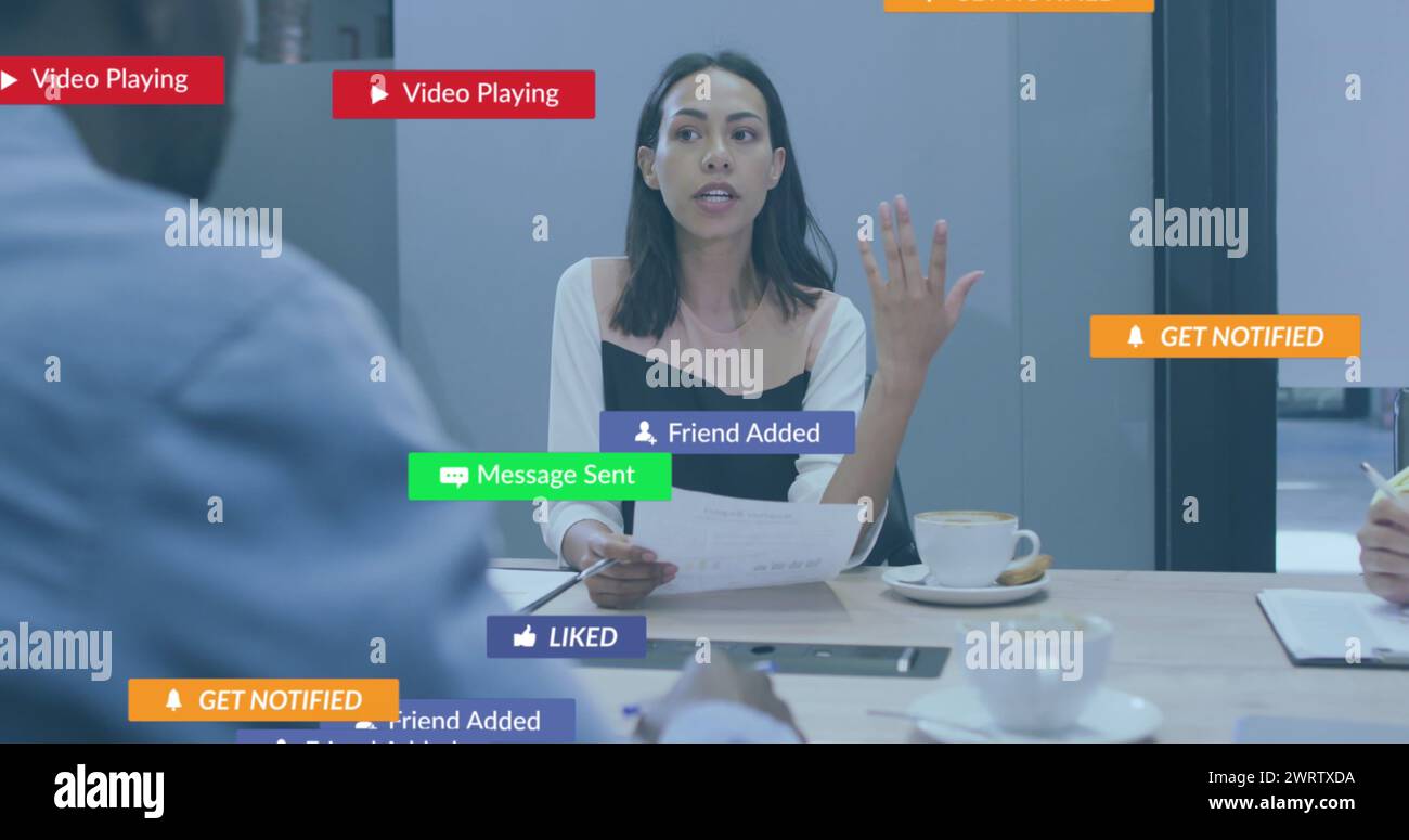 Image of notification bars over diverse woman sharing ideas with ...