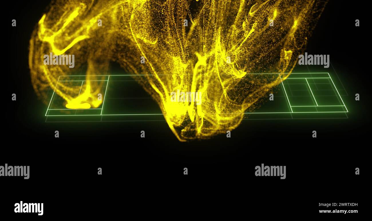 Image of sports court line markings over yellow particle cloud on black ...
