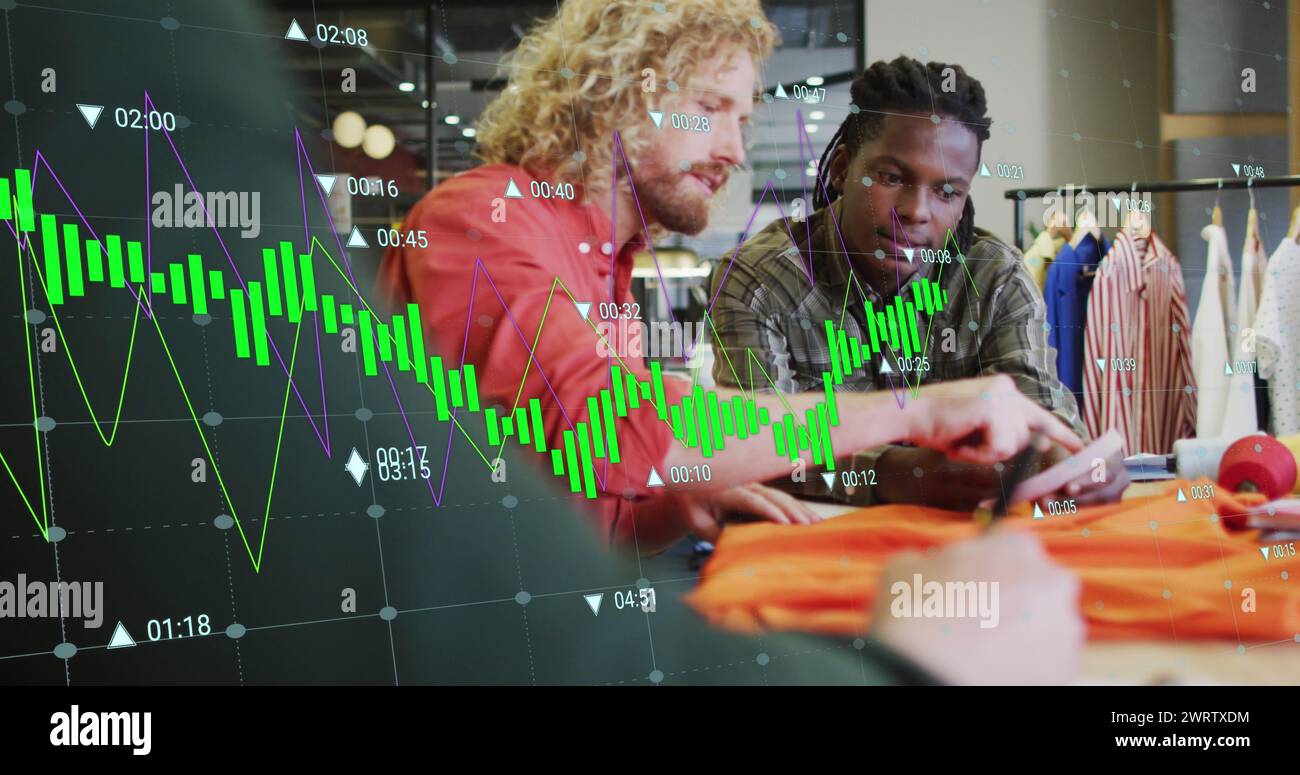 Image of graphs with changing numbers over diverse designers discussing ...