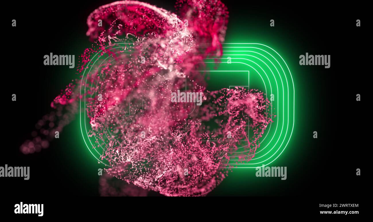 Image of pink digital wave over neon green soccer field layout against ...