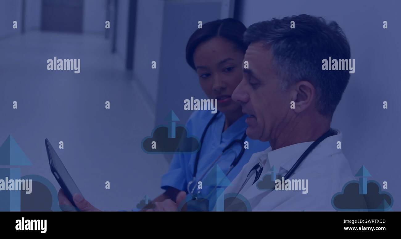 Image of network of connections with icons over diverse doctors using ...