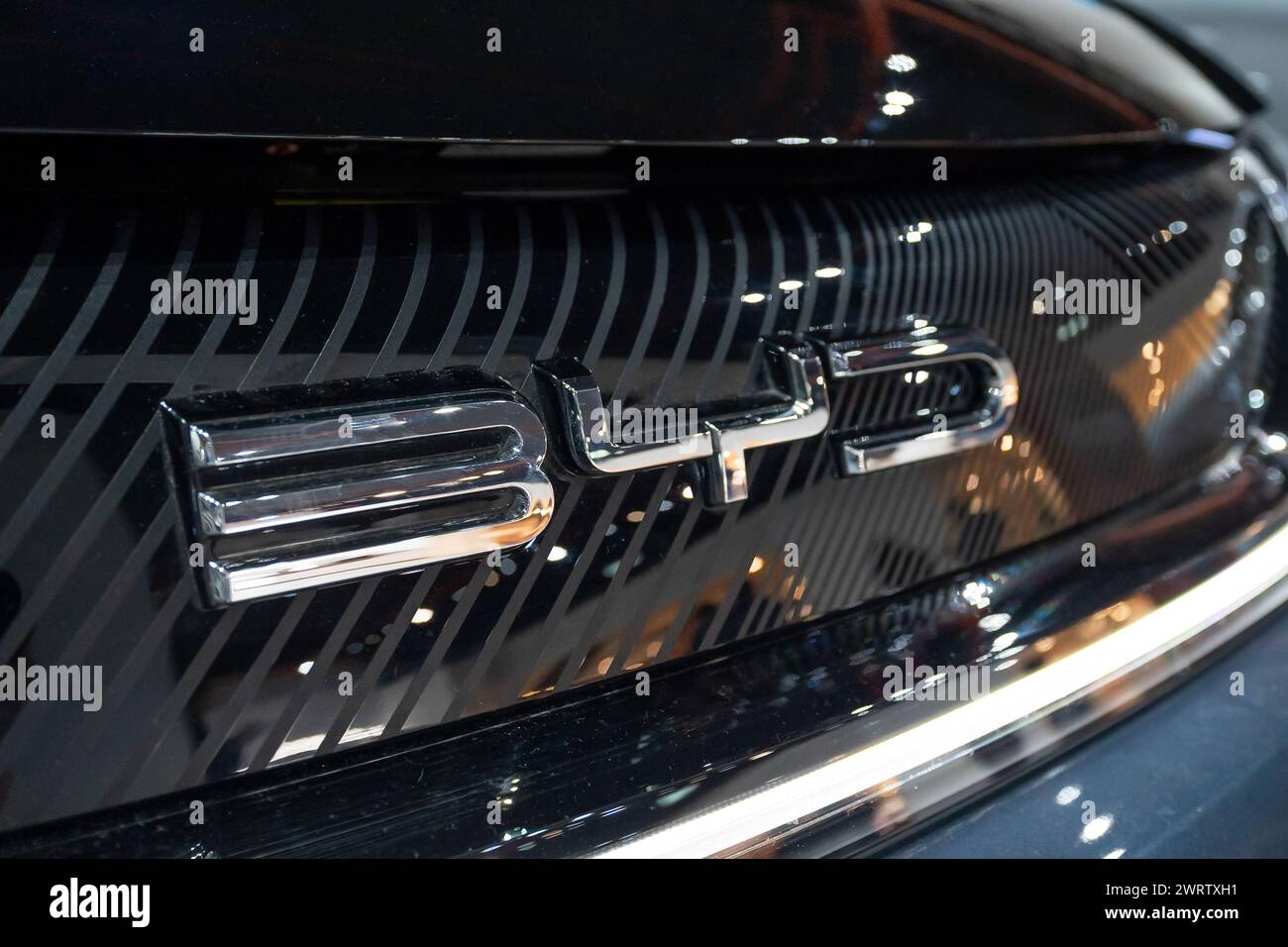 Kuala Lumpur, Malaysia - March 11,2024 : Close-up view of the BYD logo ...