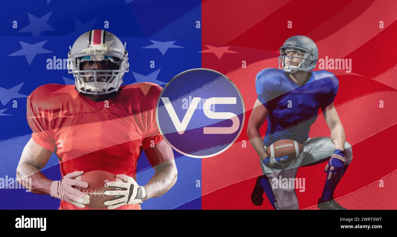 Image of american football over red and blue background Stock Photo - Alamy