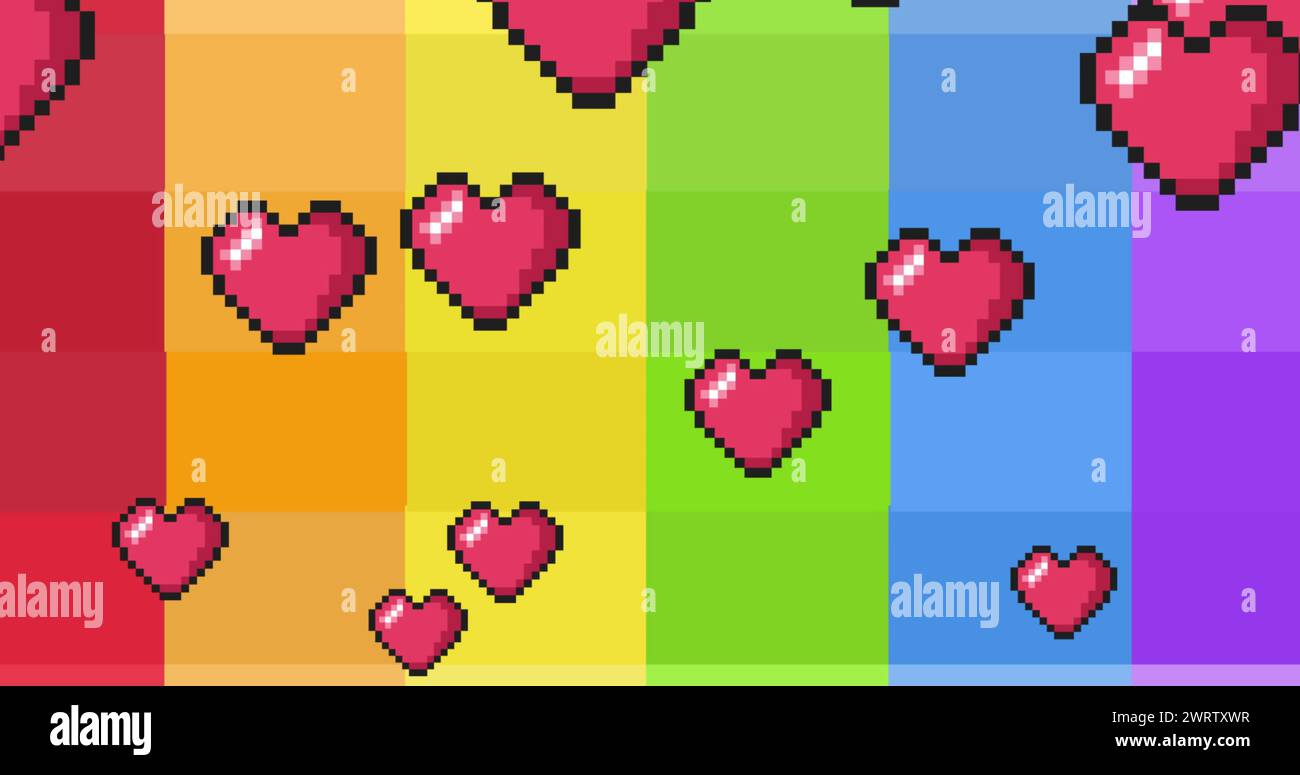 Image of hearts floating on rainbow background Stock Photo - Alamy