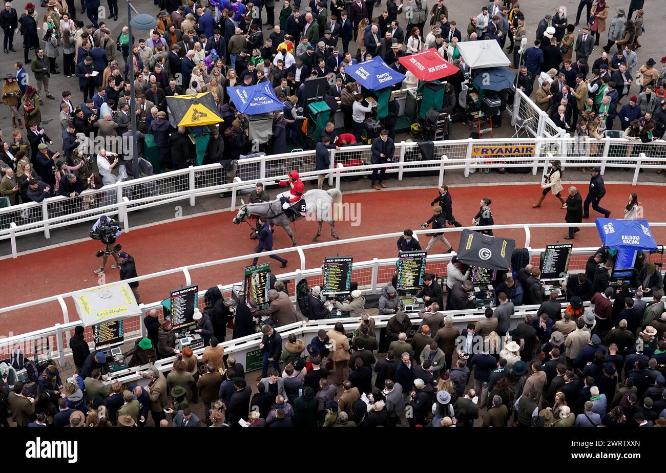 Harry Skelton aboard Grey Dawning after winning the Turners Novices ...