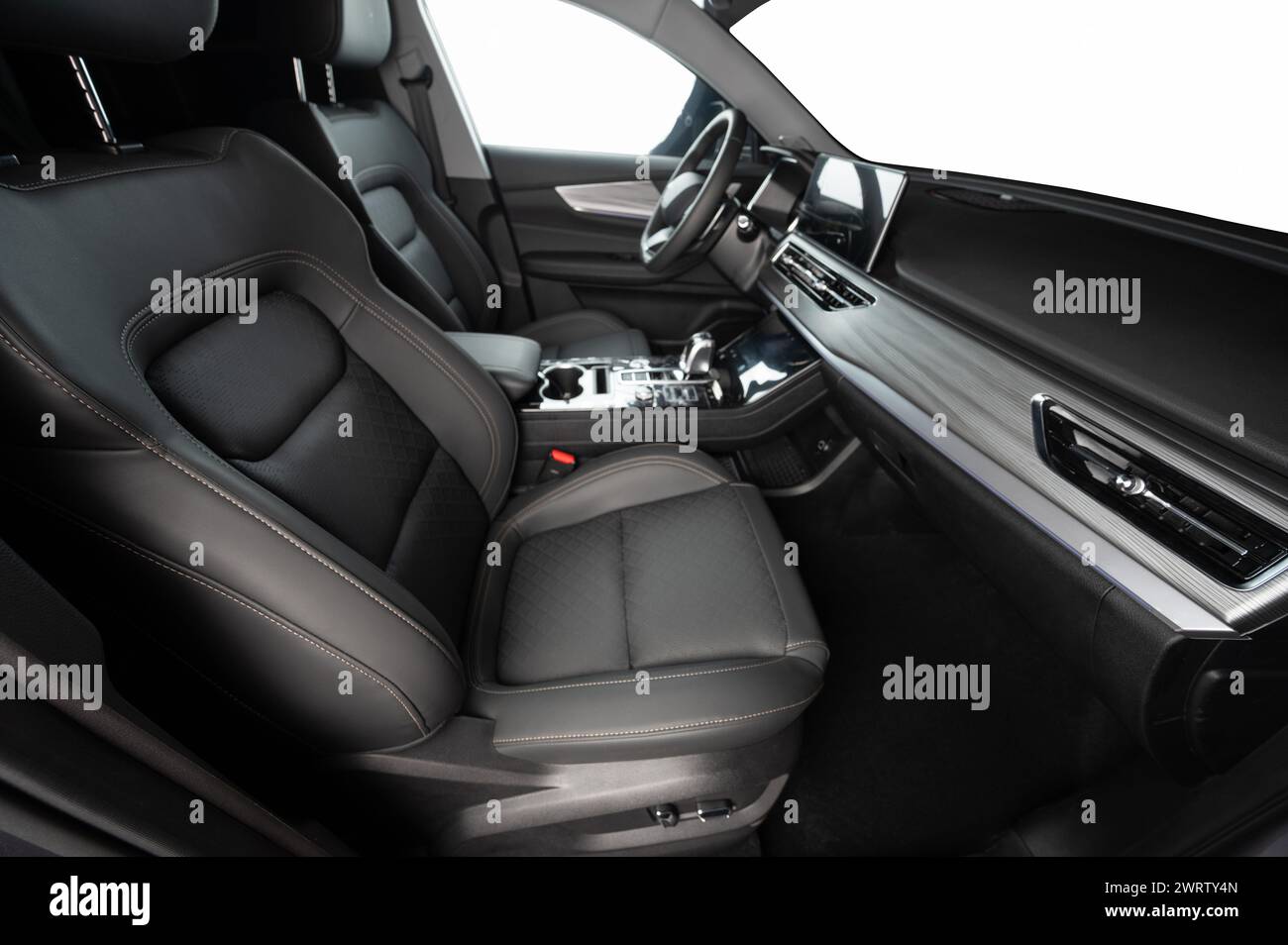 Passenger perforated leather black leather seat side view isolated ...