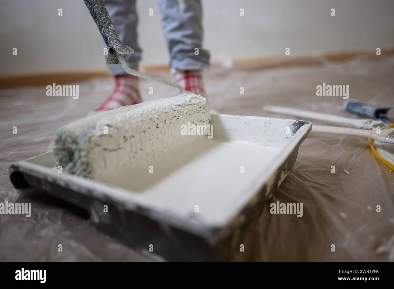 Berlin, Germany. 18th Feb, 2024. A woman picks up white paint to paint ...