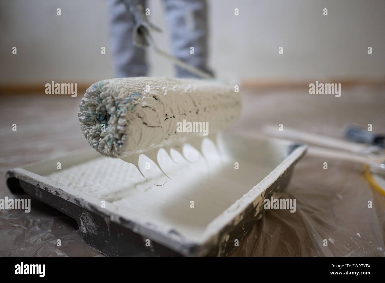 Berlin, Germany. 18th Feb, 2024. A woman picks up white paint to paint ...