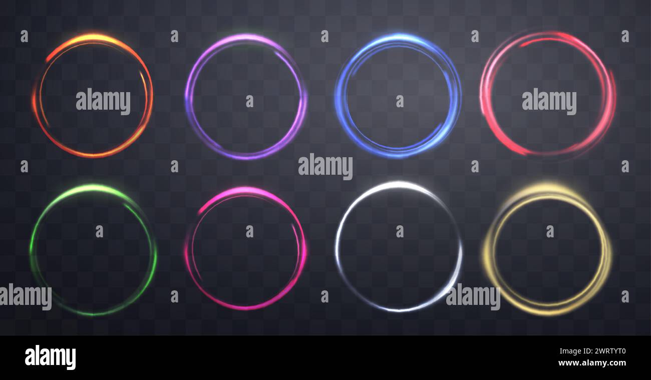 Glowing magic rings set. Neon realistic energy flare rings with ...