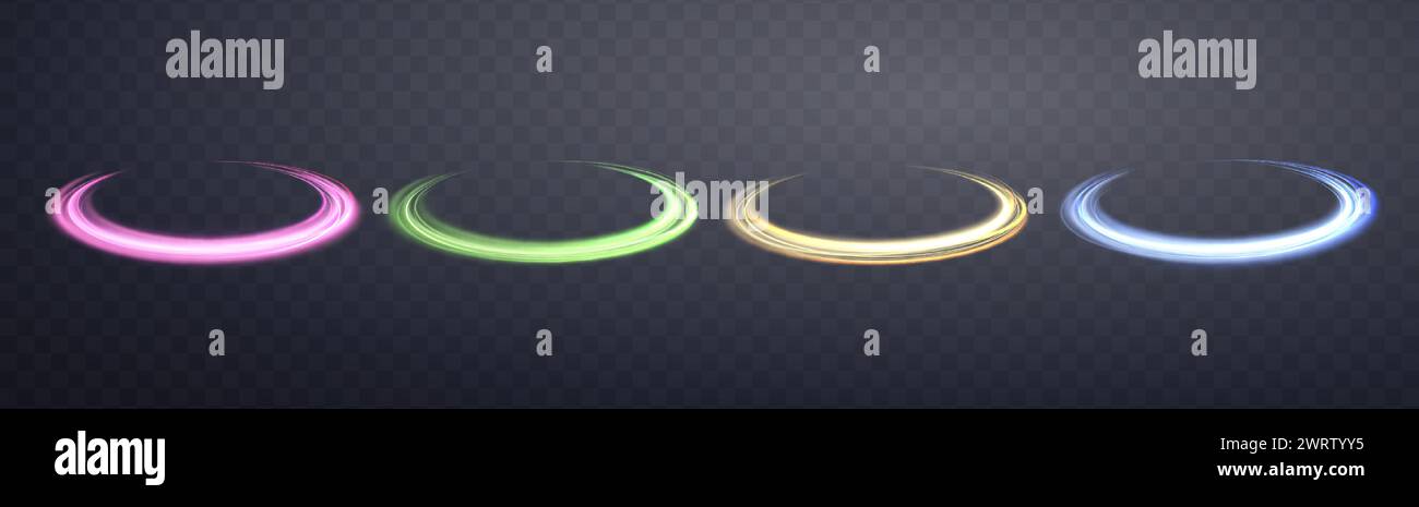 Glowing magic rings set. Neon realistic energy flare rings with ...