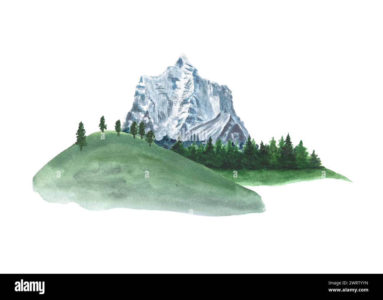 Watercolor composition of hills, trees and a mountain in a natural ...
