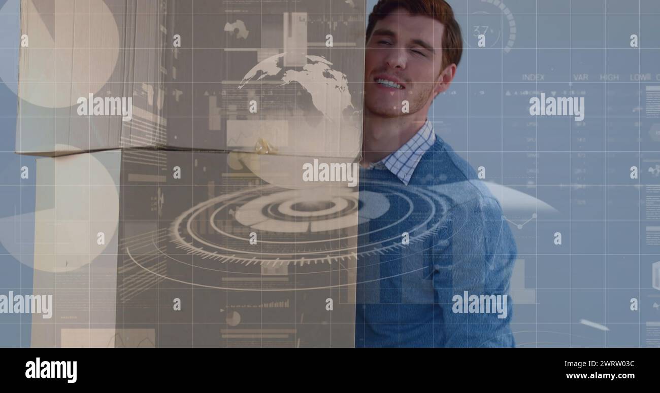 Image of data processing over caucasian man carrying boxes Stock Photo ...